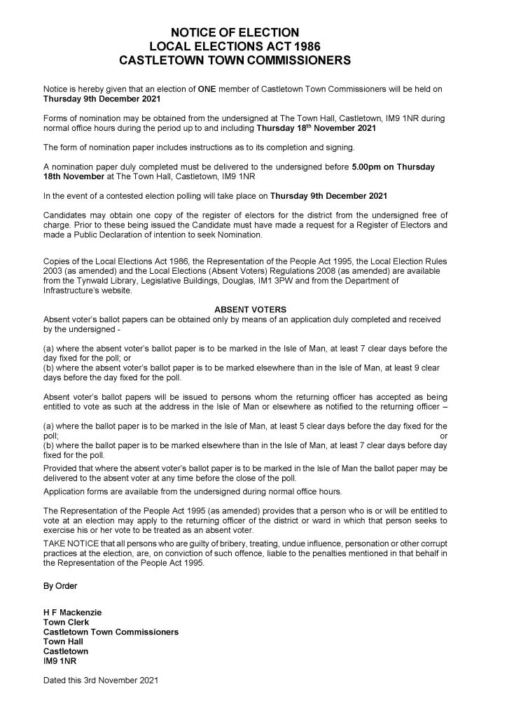Notice of Election – Castletown Commissioners
